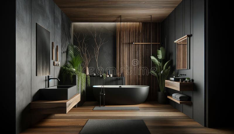 A Modern Bathroom with a Dark Interior, Designed in a Natural Style ...