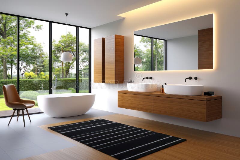 Modern Bathroom Design with Dual Washbasins and Mirror Accessories on ...