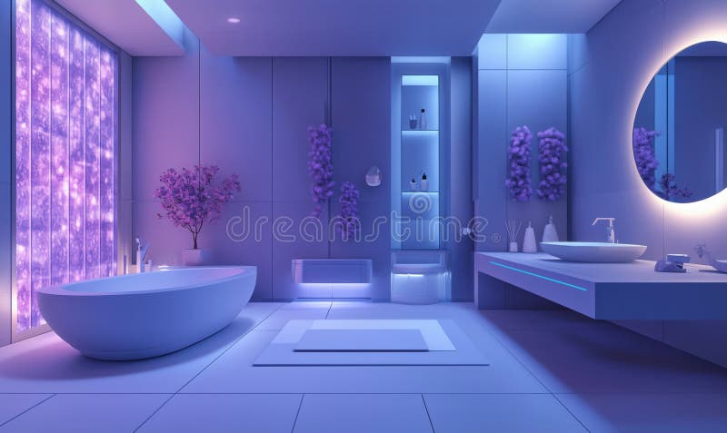 Modern Bathroom Design with Purple Lighting, Elegant Bathtub, and ...