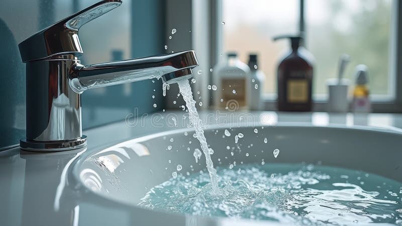 Modern Bathroom Faucet with Running Water Splashing into Sink Stock ...