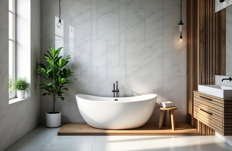 Modern Bathroom Features Freestanding Tub Placed on Wooden Platform ...