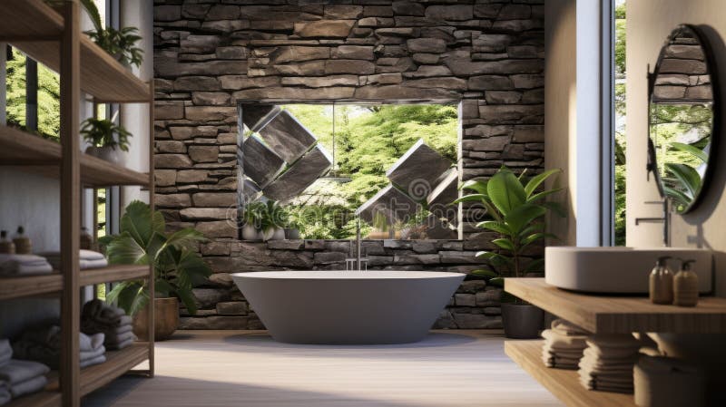 Modern Bathroom with Freestanding Tub, Stone Wall, and Window View ...
