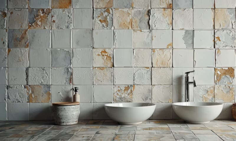 Modern Bathroom Features White Tiled Wall with Distressed Texture, Two ...