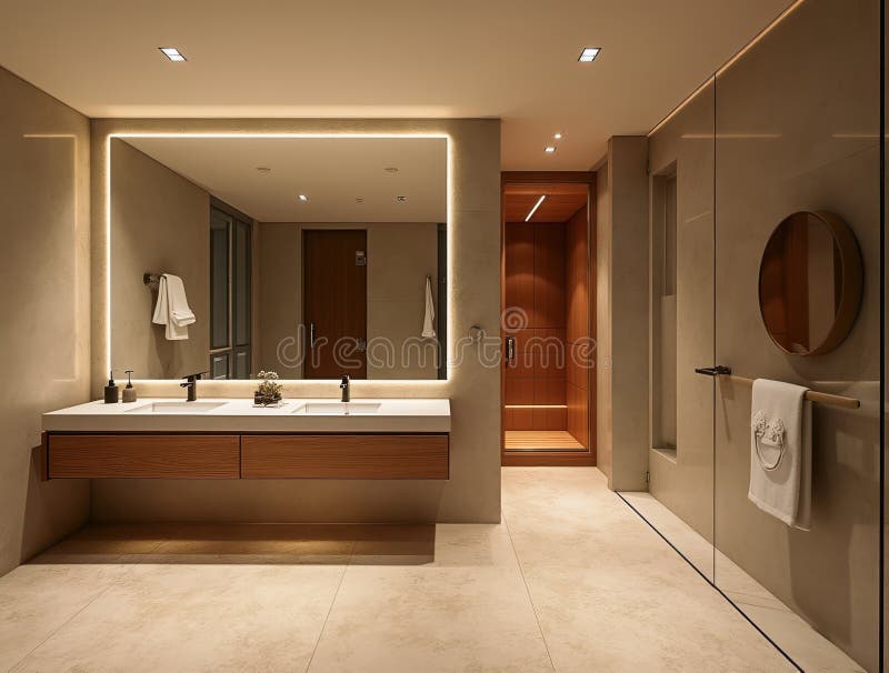 Modern Bathroom Featuring Floating Vanity, Sauna, and LED Lighting ...