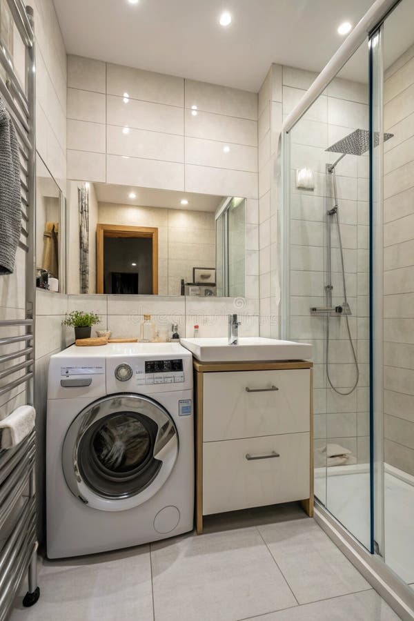 Interior of Bathroom with Modern Washing Machine Stock Illustration ...