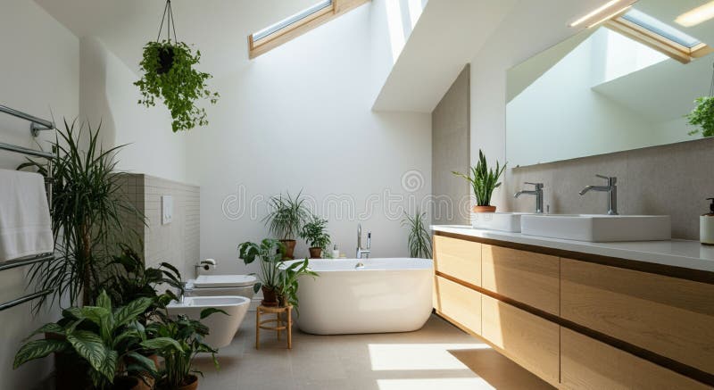 Modern Bathroom Featuring a Spacious Bathtub, Double Sink Vanity, and ...