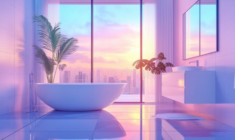Modern Bathroom with Freestanding Tub, Large Windows Showcasing Sunset ...