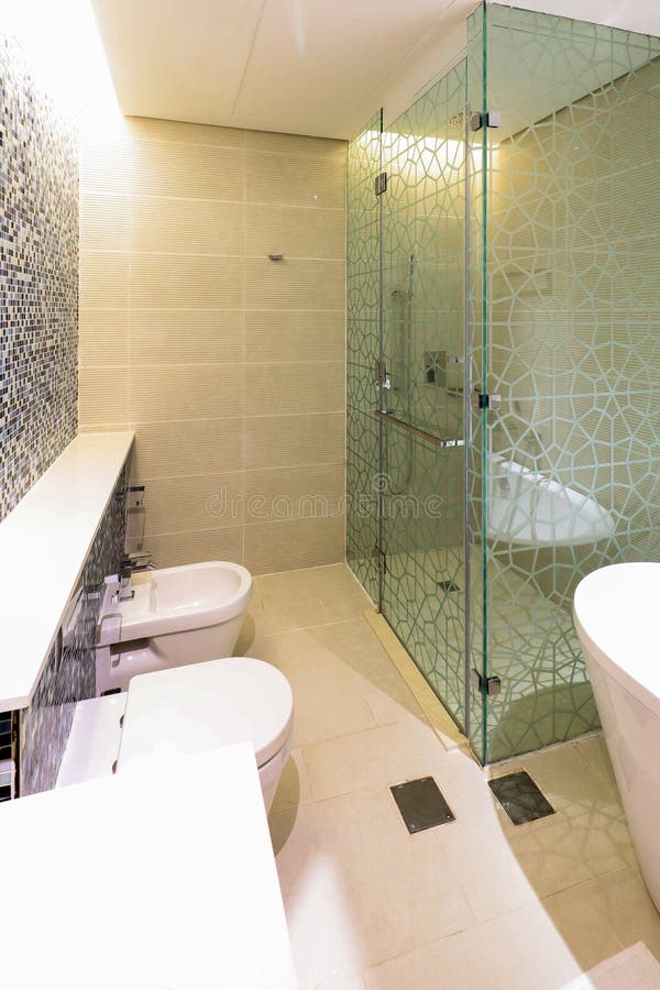 Modern Designer Bathroom, with Glass Shower Cubicle Stock Photo - Image ...