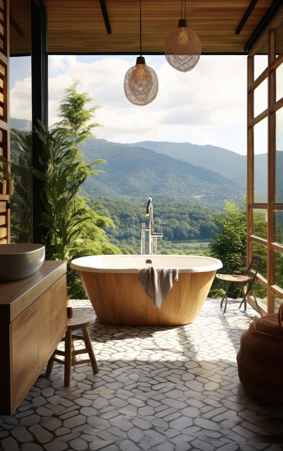Modern Bathroom with Huge Panoramic Windows and a View of Nature. Large ...
