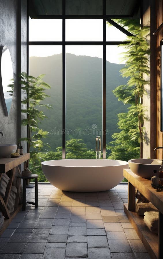 Modern Bathroom with Huge Panoramic Windows and a View of Nature. Large Bathroom and Stylish ...