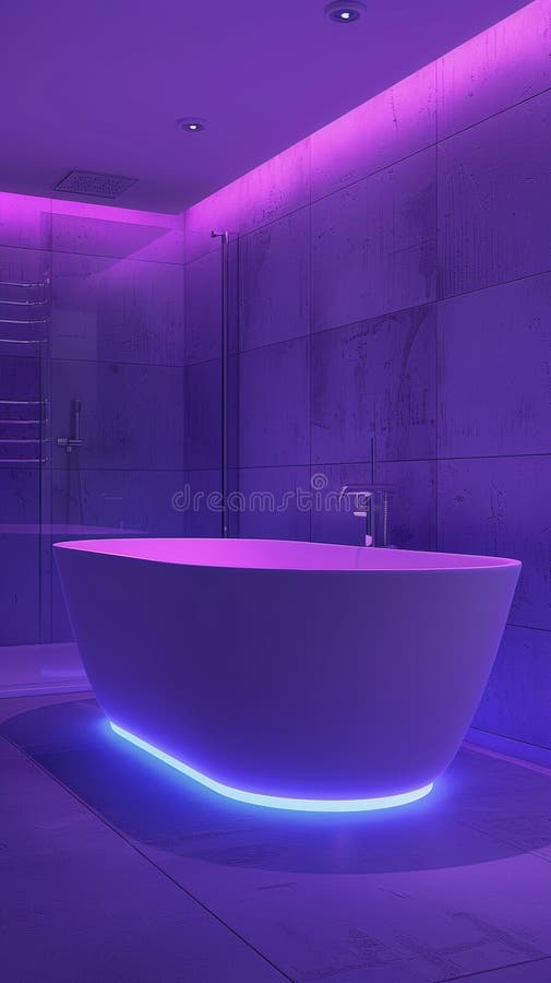 Modern Bathroom with Illuminated Bathtub and Purple Lighting Stock ...