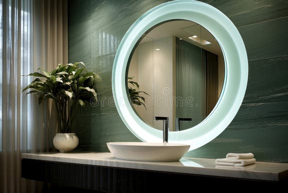 Modern Bathroom with Illuminated Mirror Stock Photo - Image of home ...