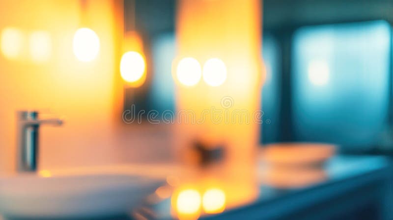A Serene Modern Bathroom with Soft Glowing Lights and Muted Colors ...