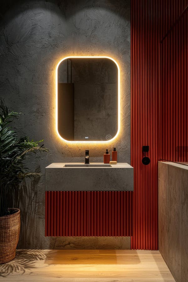 Modern Bathroom Interior with Gray Textured Wall and LED-backlit Mirror ...