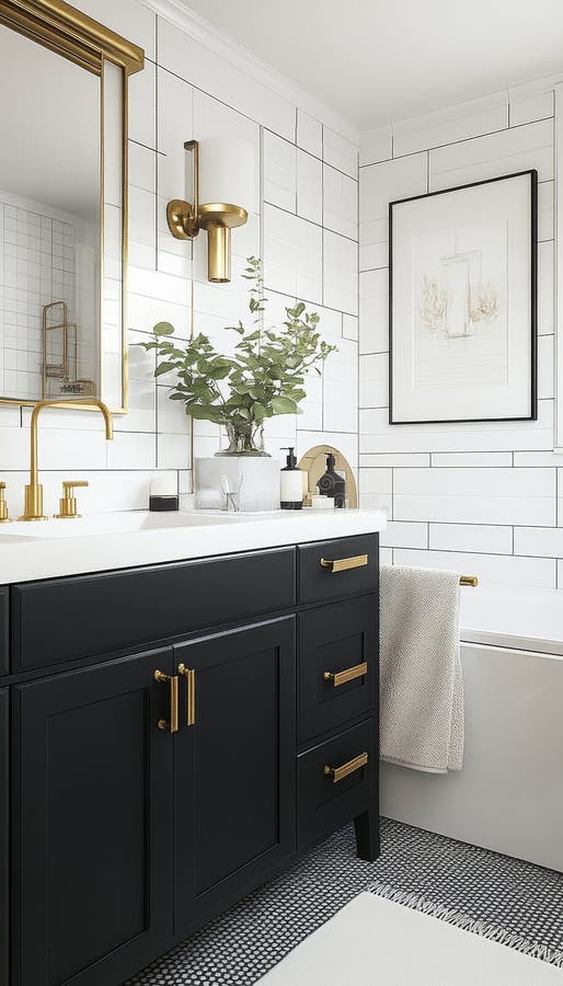 Modern Bathroom Interior with Black Vanity, Gold Hardware, Large Mirror ...
