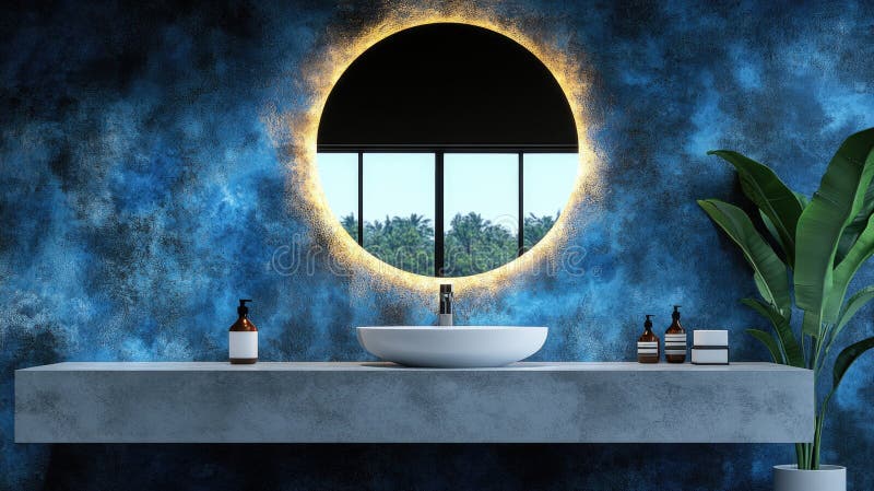 Modern Bathroom Interior with Circular Backlit Mirror and Concrete Sink ...