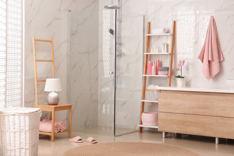 Modern Bathroom Interior with Decorative Ladder and Shower Stall Stock ...