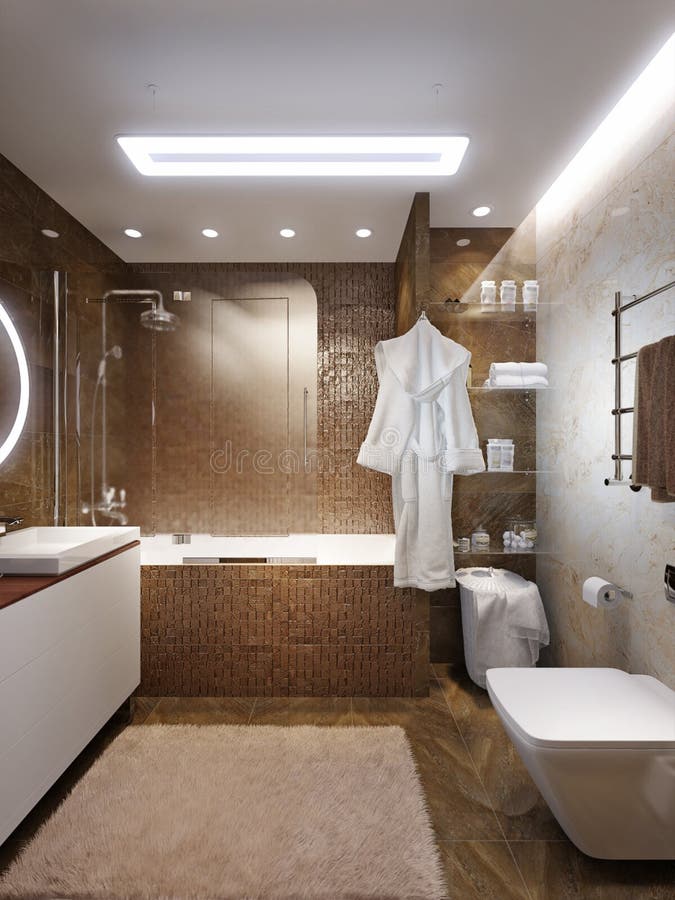 Modern Bathroom Interior Design With Brown And Beige Marble Tile Stock