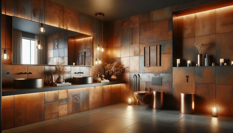 A Modern Bathroom Featuring Rusty Tiles, Stylish Lighting, and Elegant ...