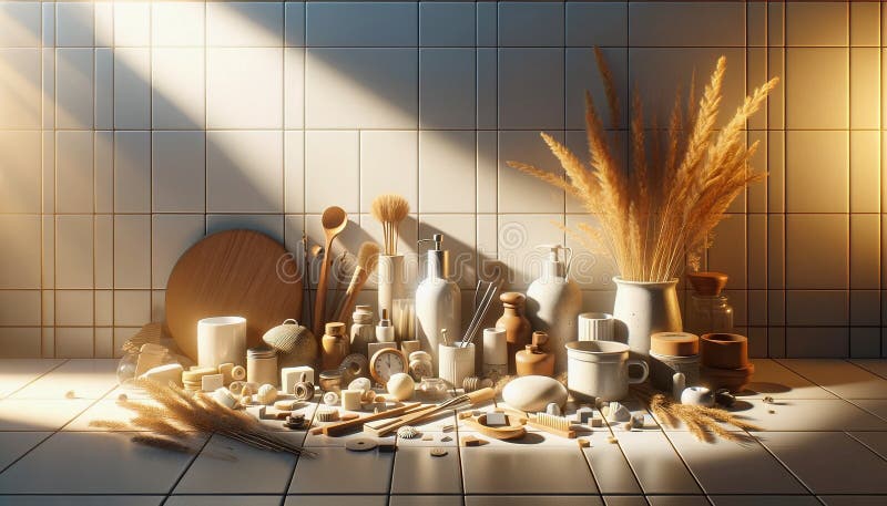 Various Objects Arranged on a White Tile Background, Illuminated by ...