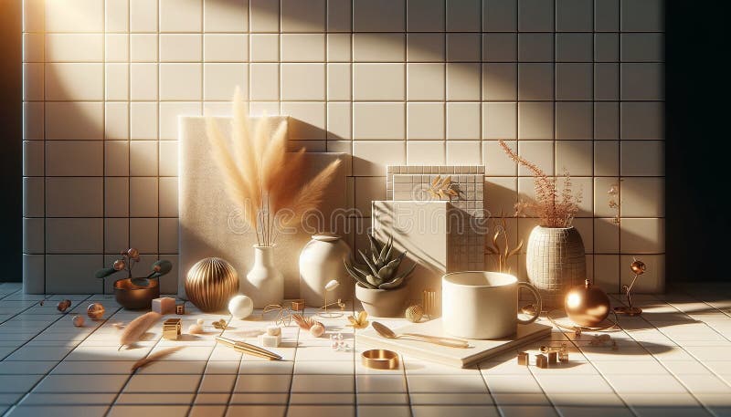 Various Objects Placed on a White Tile Background, with Warm Sunlight ...