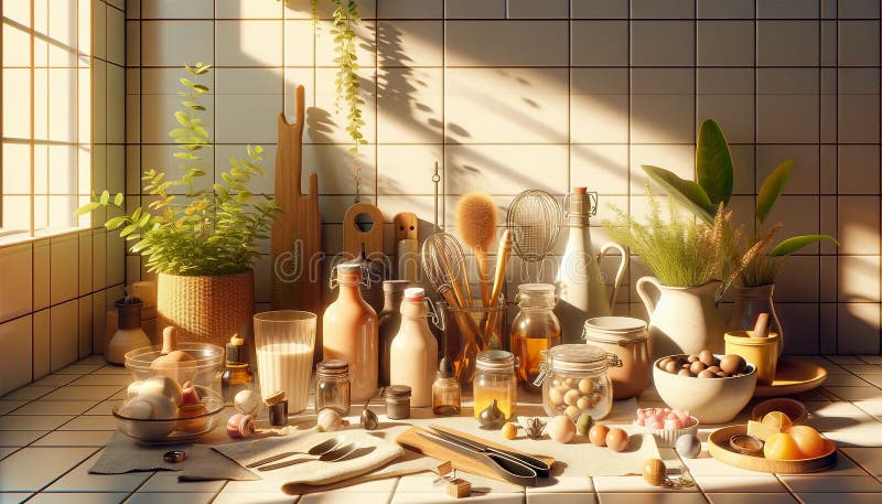 Various Objects Placed on a White Tile Background, with Warm Sunlight ...
