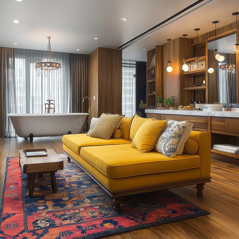 Modern Bathroom Interior Design with Mustard Yellow Sofa, Elegant ...