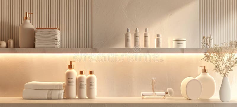 A Modern Bathroom Interior with Elegant Skincare Products and Soft ...