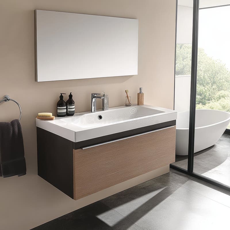 Modern Bathroom Interior with Floating Vanity Cabinet, Rectangular Sink ...