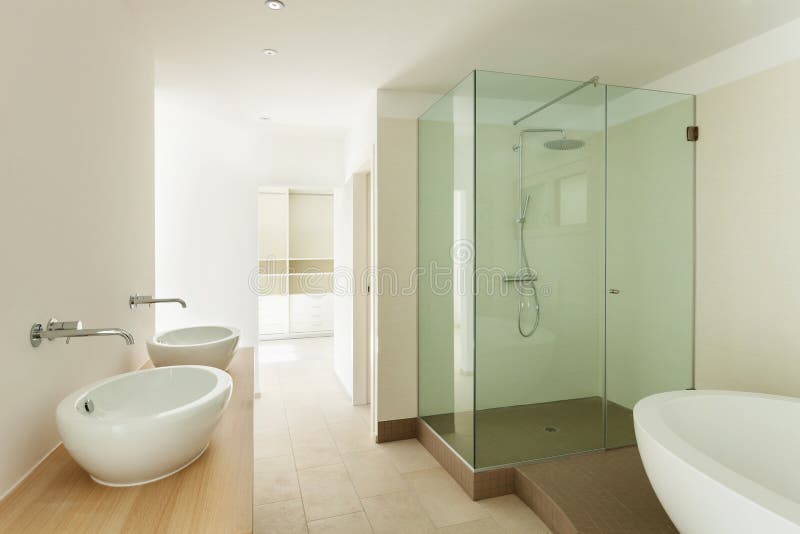 Modern Bathroom with Corner Shower Stock Image - Image of luxury ...