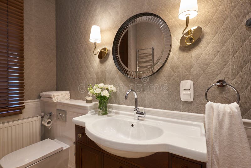 Modern Bathroom Interior with Stone Wall, Mirror and Shower Stock Image ...