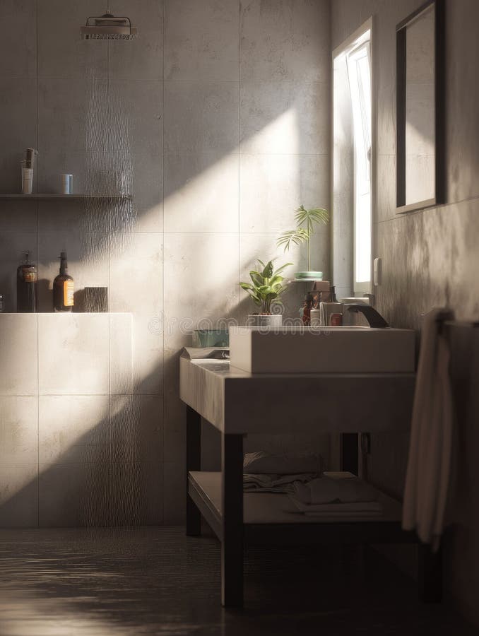 Modern Bathroom Interior with Sunlight Streaming in Over Stylish Vanity ...