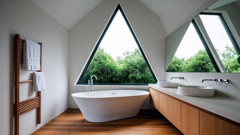Modern Bathroom Interior with Triangular Window Overlooking Lush Green ...