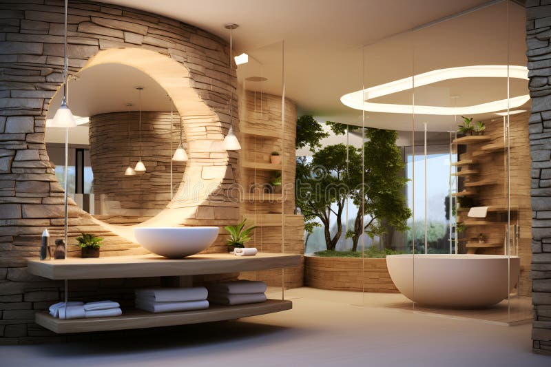 Modern Bathroom Interior with Window and Big Mirror Trendy Design Spa ...