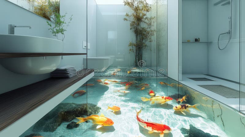 Modern Bathroom Koi Pond Floor Design Stock Photo - Image of interior ...
