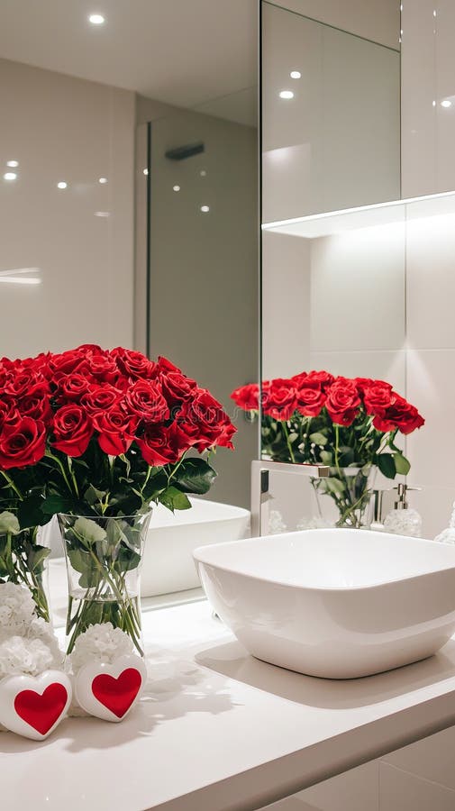 Modern Bathroom with Large Mirror and Red Roses Bouquet. Concept of ...