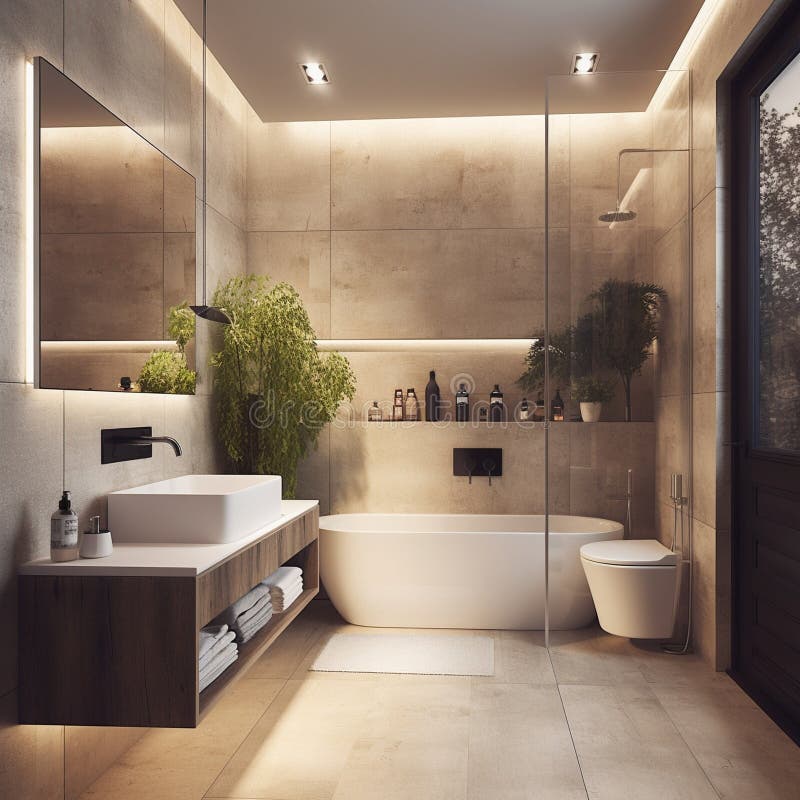 Modern Bathroom with Large Shower. 3D. Generative Ai Stock Illustration ...
