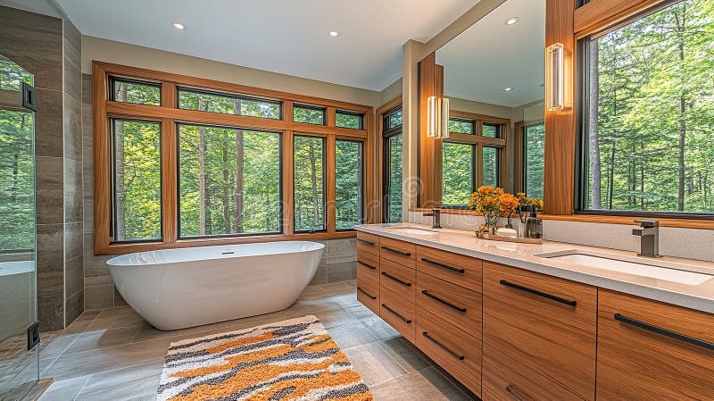 Modern Bathroom with Large Windows Showcasing a Forest View Stock Photo ...