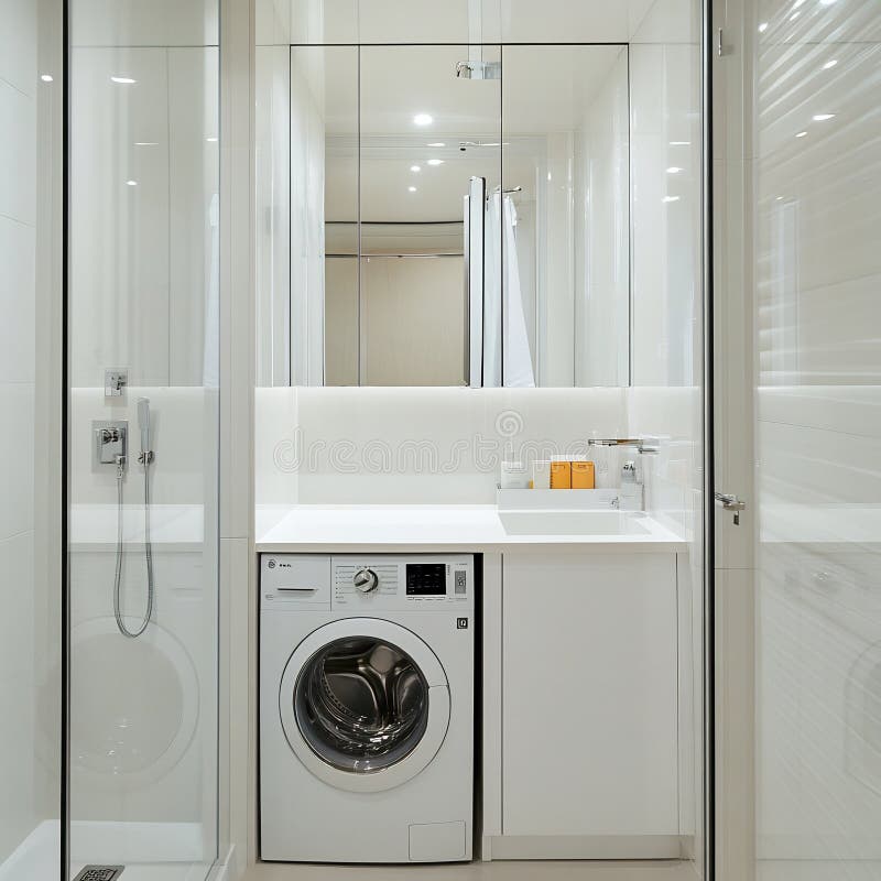 Modern Bathroom and Laundry Room Combination Featuring a Front-loading ...
