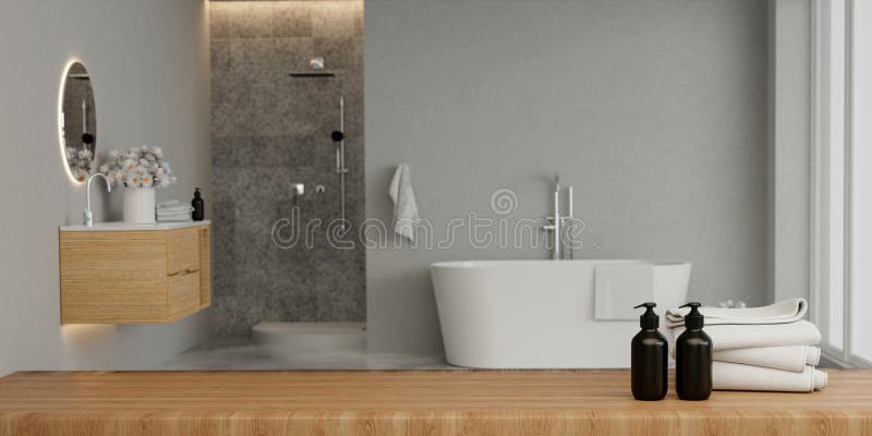 Modern Bathroom with Minimal Interior Design, 3d Render Stock ...