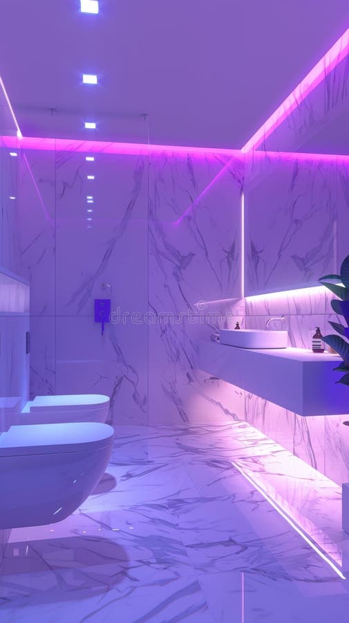 Modern Bathroom with Purple Led Lighting and Marble Tiles Stock Photo ...