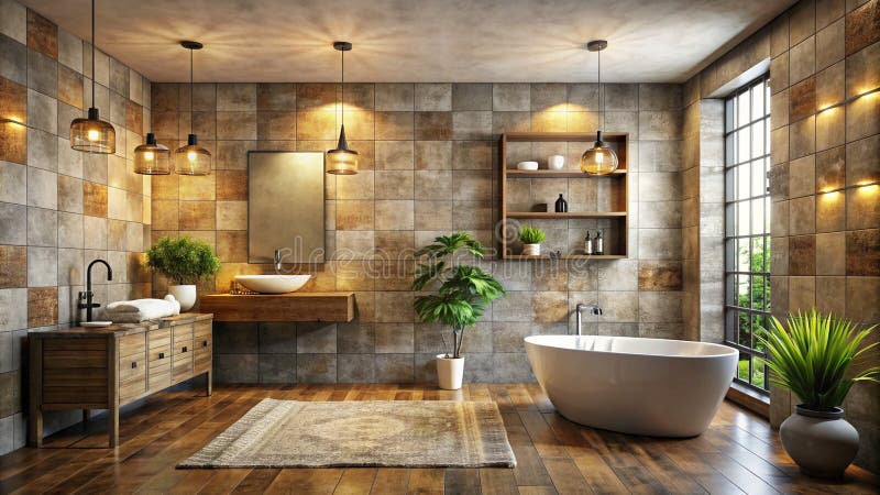 Modern Bathroom with Rustic Tiles Chic Decor and Dramatic Lighting ...