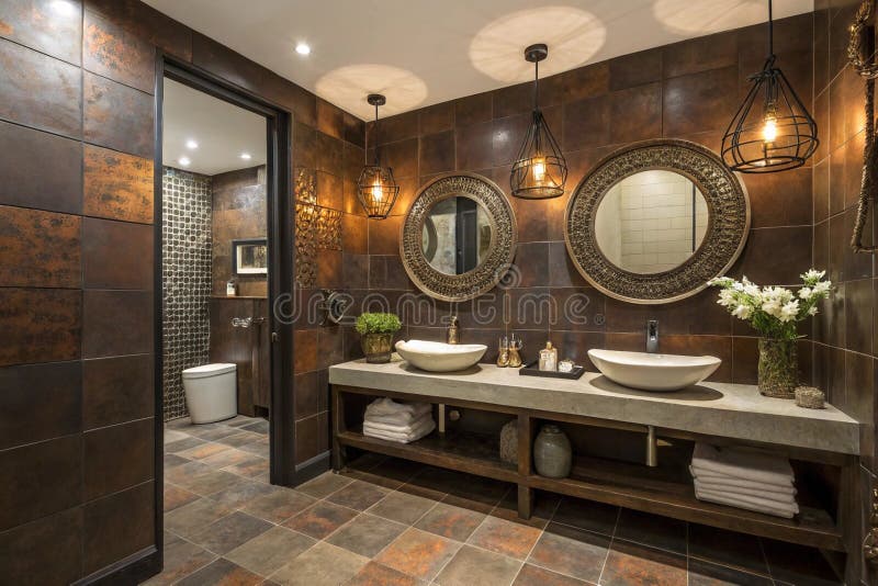 Modern Bathroom with Rusty Tiles and Stylish Lighting Stock ...