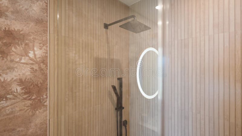 Modern Bathroom Shower Area with Large Rectangular Shower Head Mounted ...