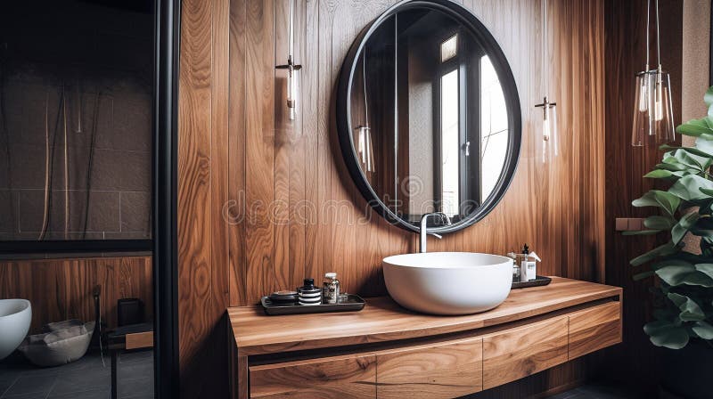 Modern Bathroom with Shower, Round Mirror and Wood Effect Tiling ...