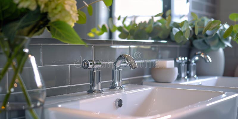 Modern Bathroom Sink with Chrome Faucets and Grey Tile Backsplash Stock ...