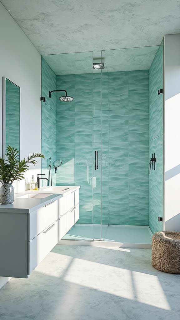 Modern Bathroom with Teal Shower Tiles and Minimalist Design Stock ...