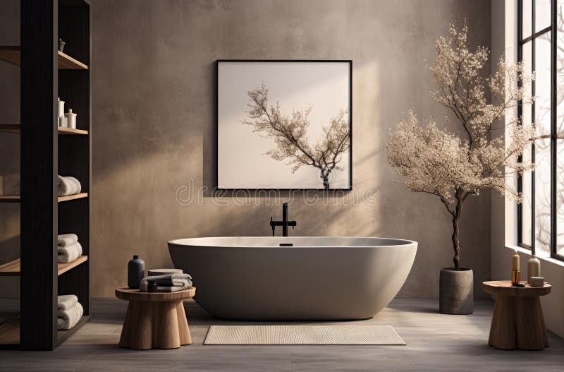 Modern Bathroom with Tub and Trees, Stock Image - Image of serene ...