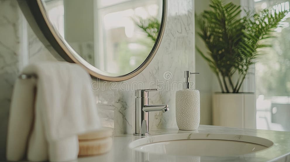 Modern Bathroom Vanity with a Round Mirror and a Ceramic Soap Stock ...