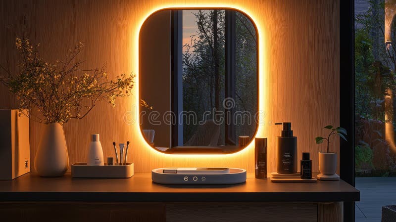 Smart Vanity Setup Featuring AI-powered Mirror with Warm Lighting and ...
